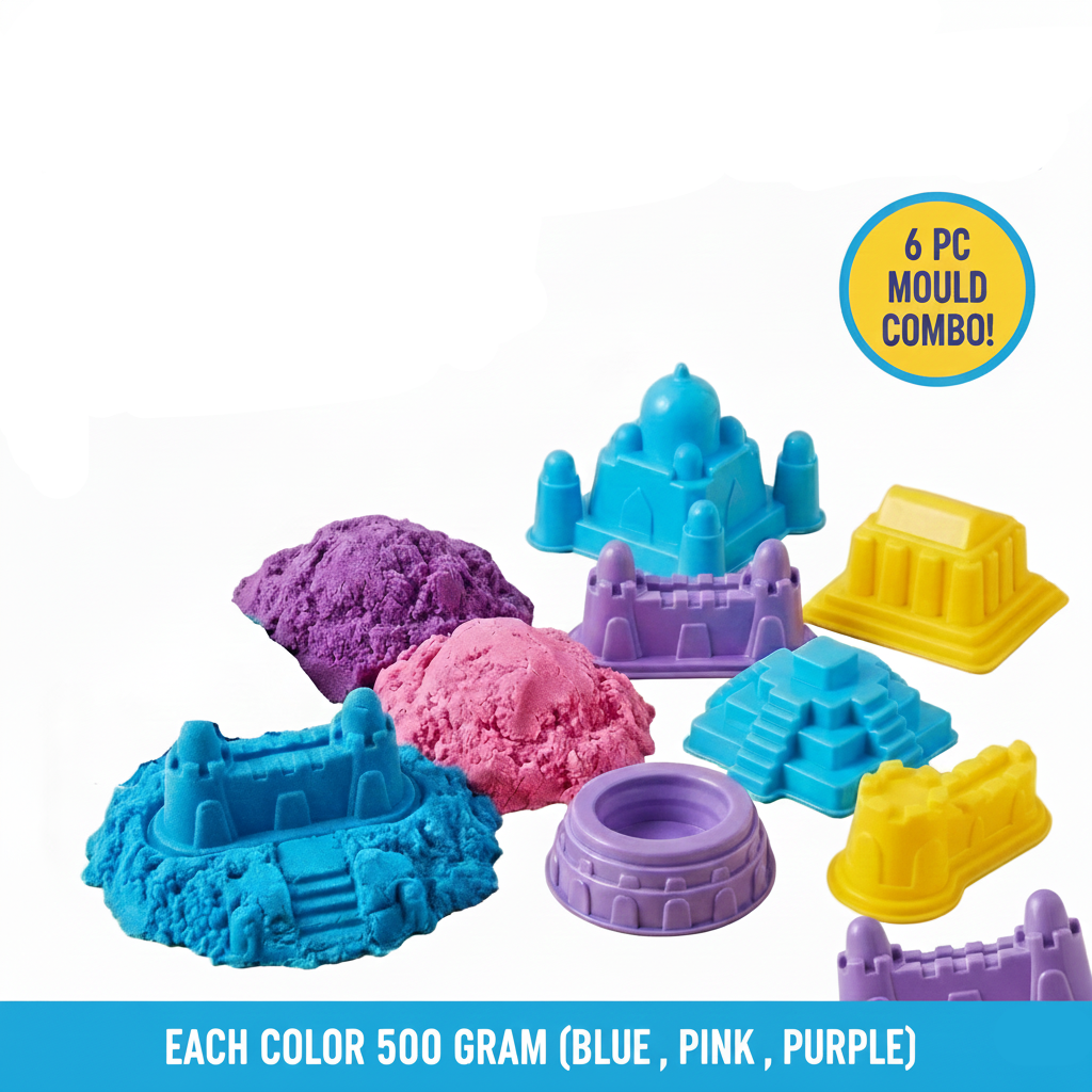 Magic Kinetic Sand Kit – Blue, Purple, Pink ( Each 500g) & 6 Moulds ...