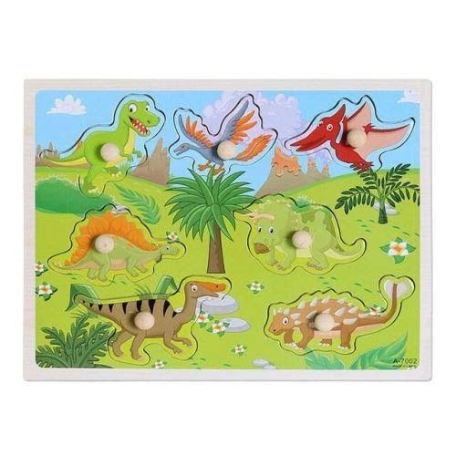 Extrokids Wooden Montessori Puzzle Hand Grab Board With Cartoon Dinosa