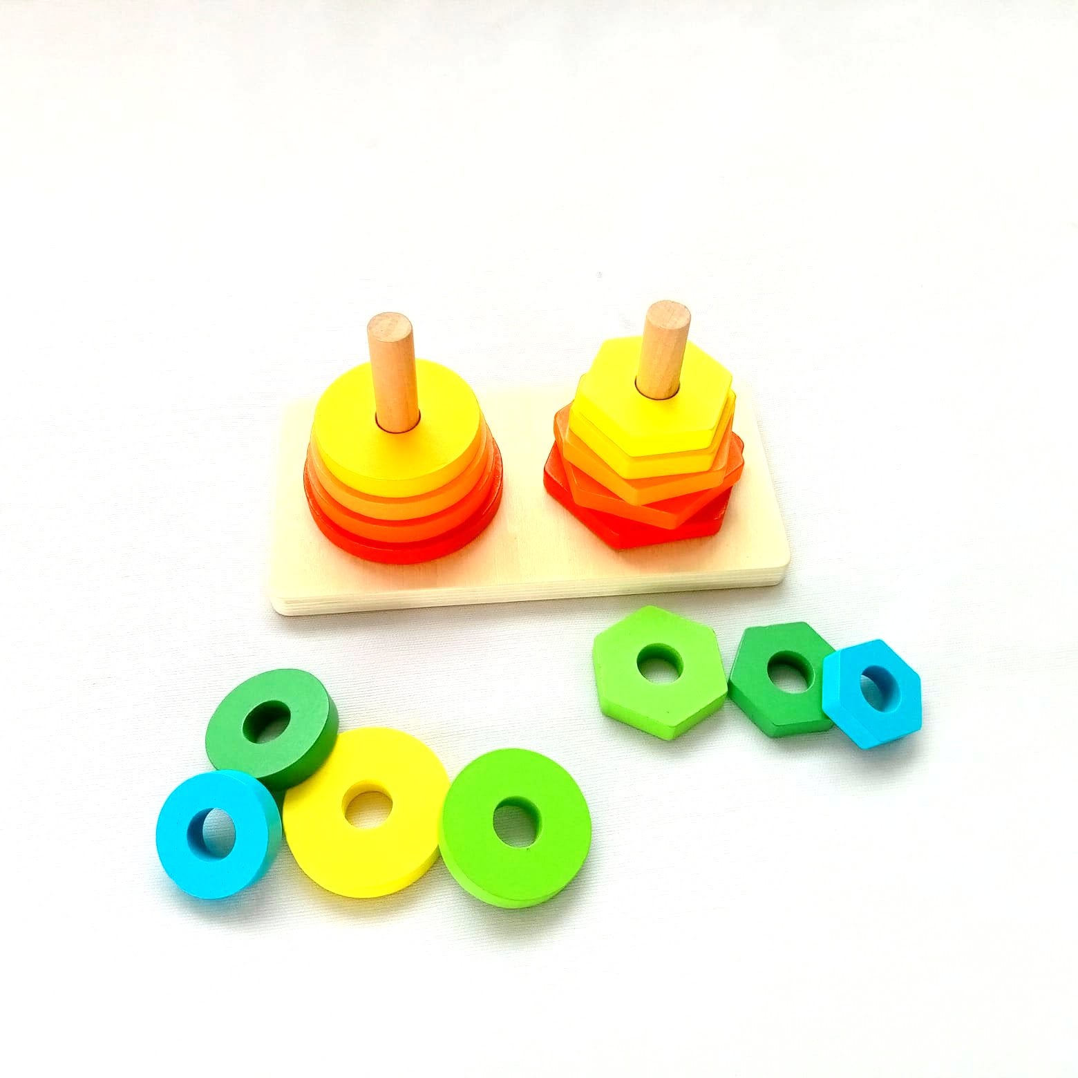 Extrokids Wooden Shape Sorter Puzzle Circle and Hexagon Stacker Toy